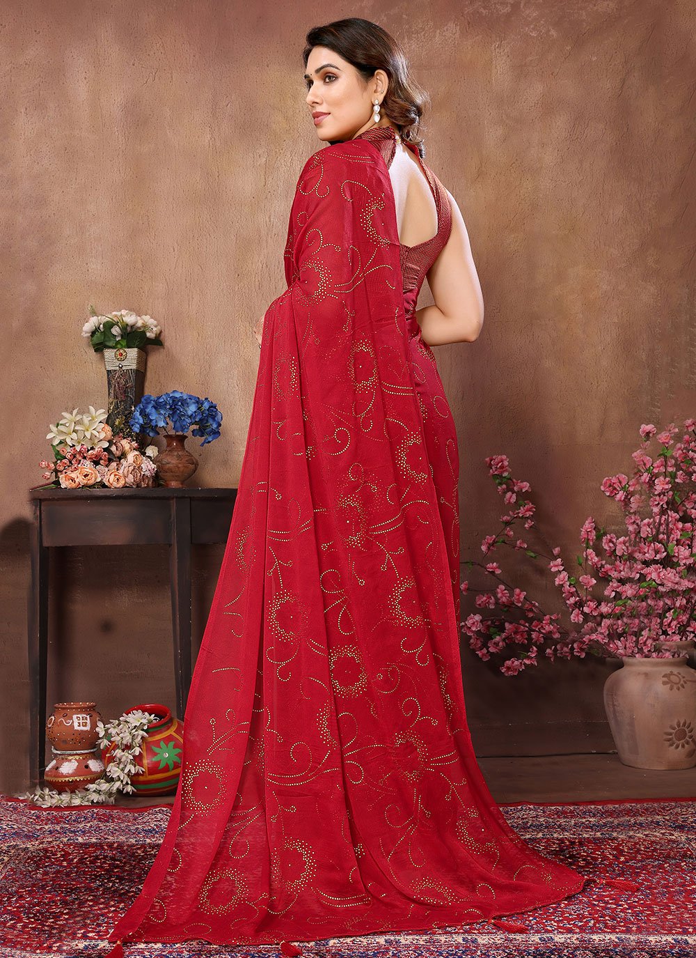 Buy Online Extraordinary Red Rangoli Contemporary Sari with Mukesh Work ...