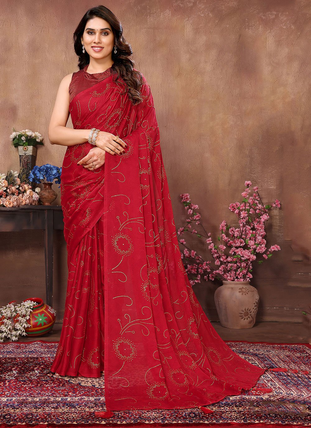 Buy Online Extraordinary Red Rangoli Contemporary Sari with Mukesh Work ...