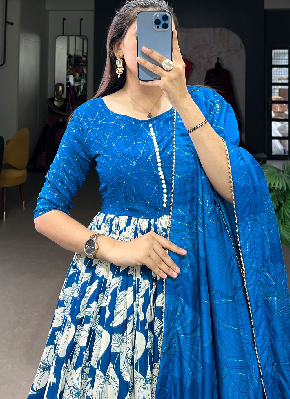 Buy Floral Patch and Foil Print Work Tussar Silk Gown In Blue for ...