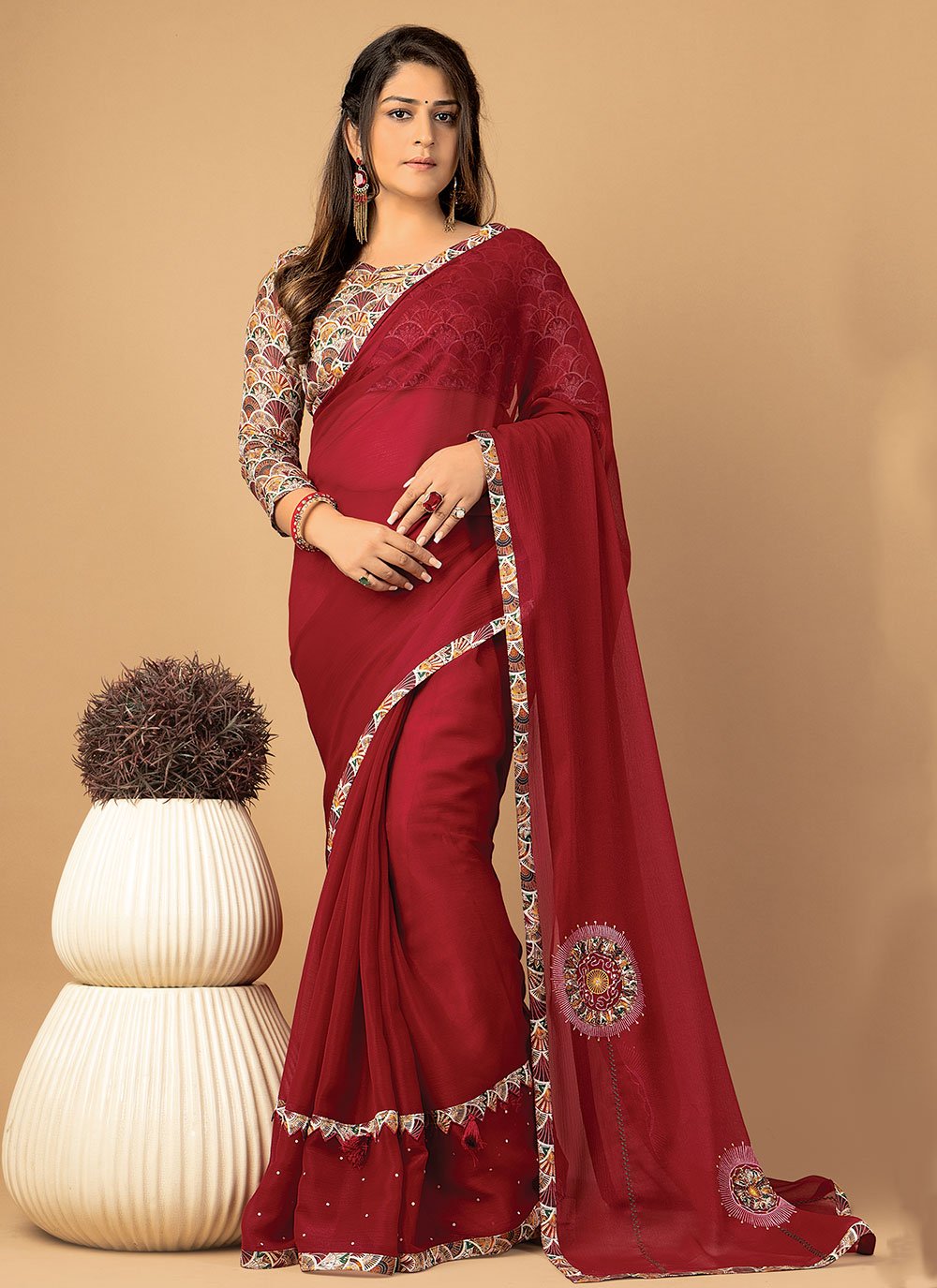 Shop Online Foil Print and Sequins Work Chiffon Contemporary Sari In ...