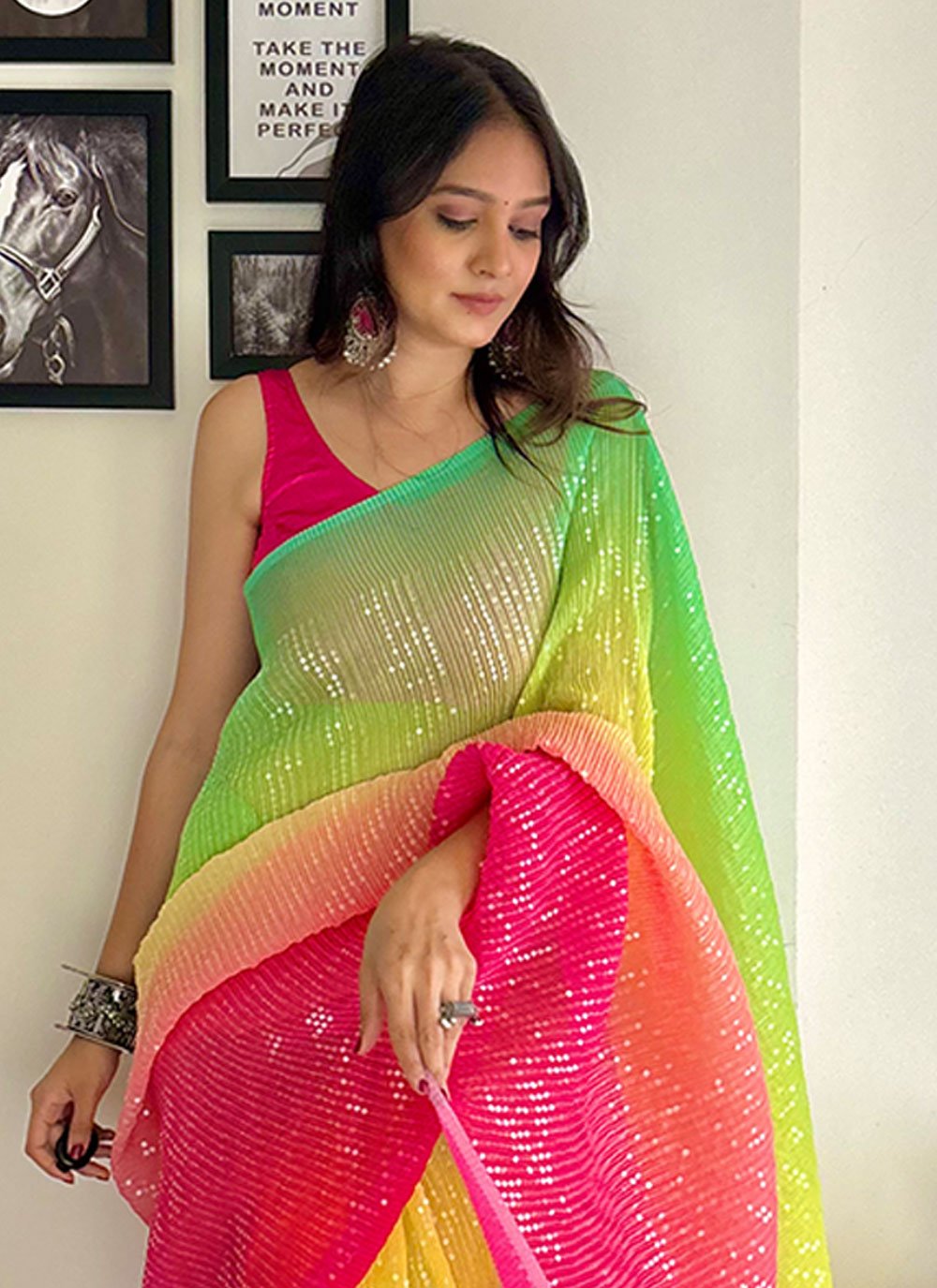 Buy Georgette Classic Sari In Multi Colour Online