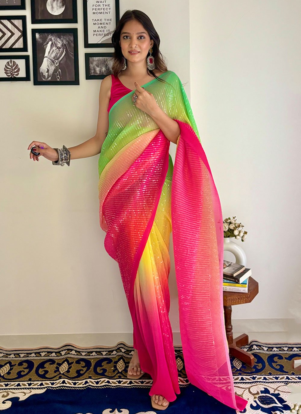 Buy Georgette Classic Sari In Multi Colour Online