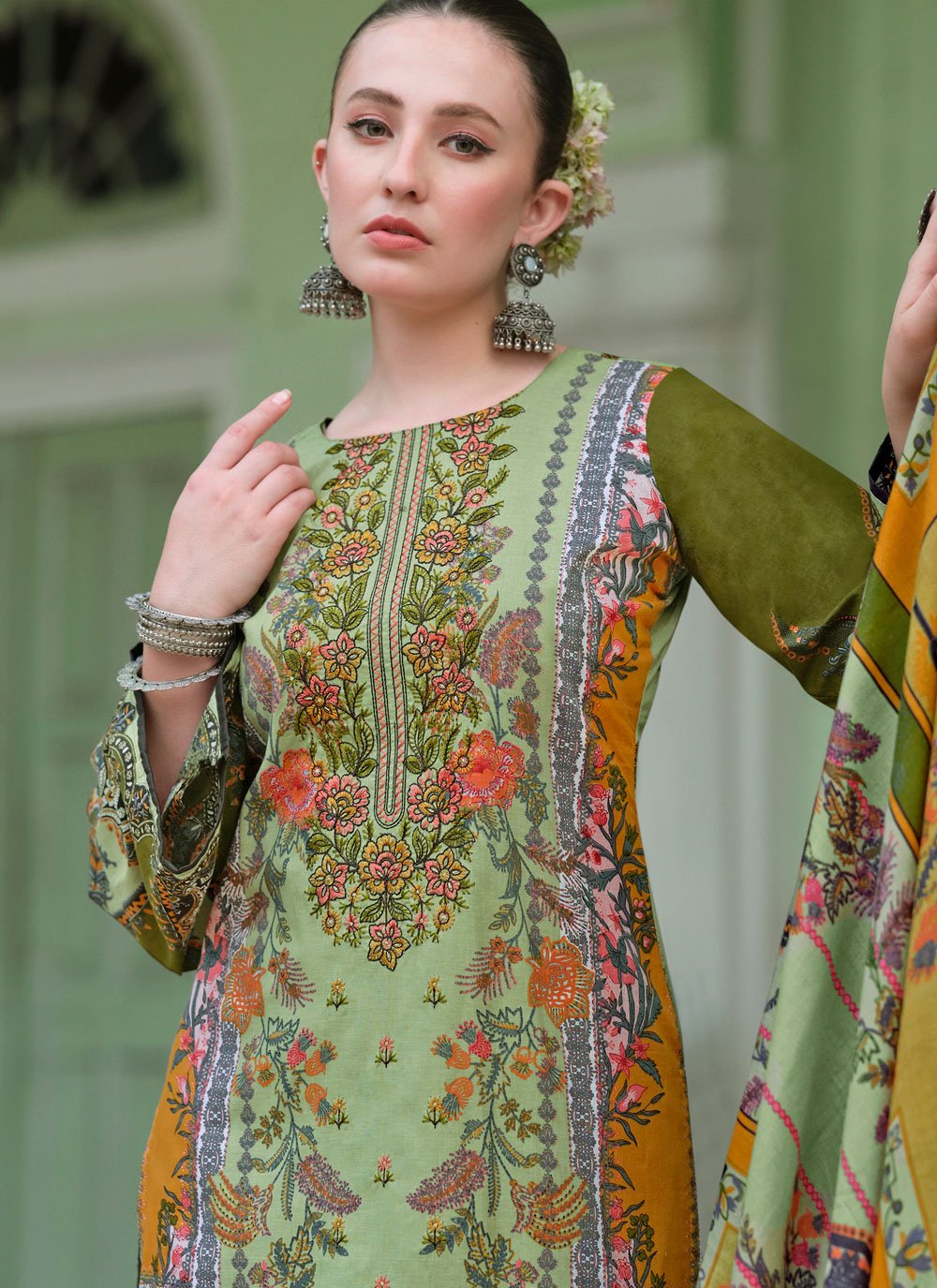 Shop Green Cotton Digital Print and Embroidered Work Pant Style Suit ...