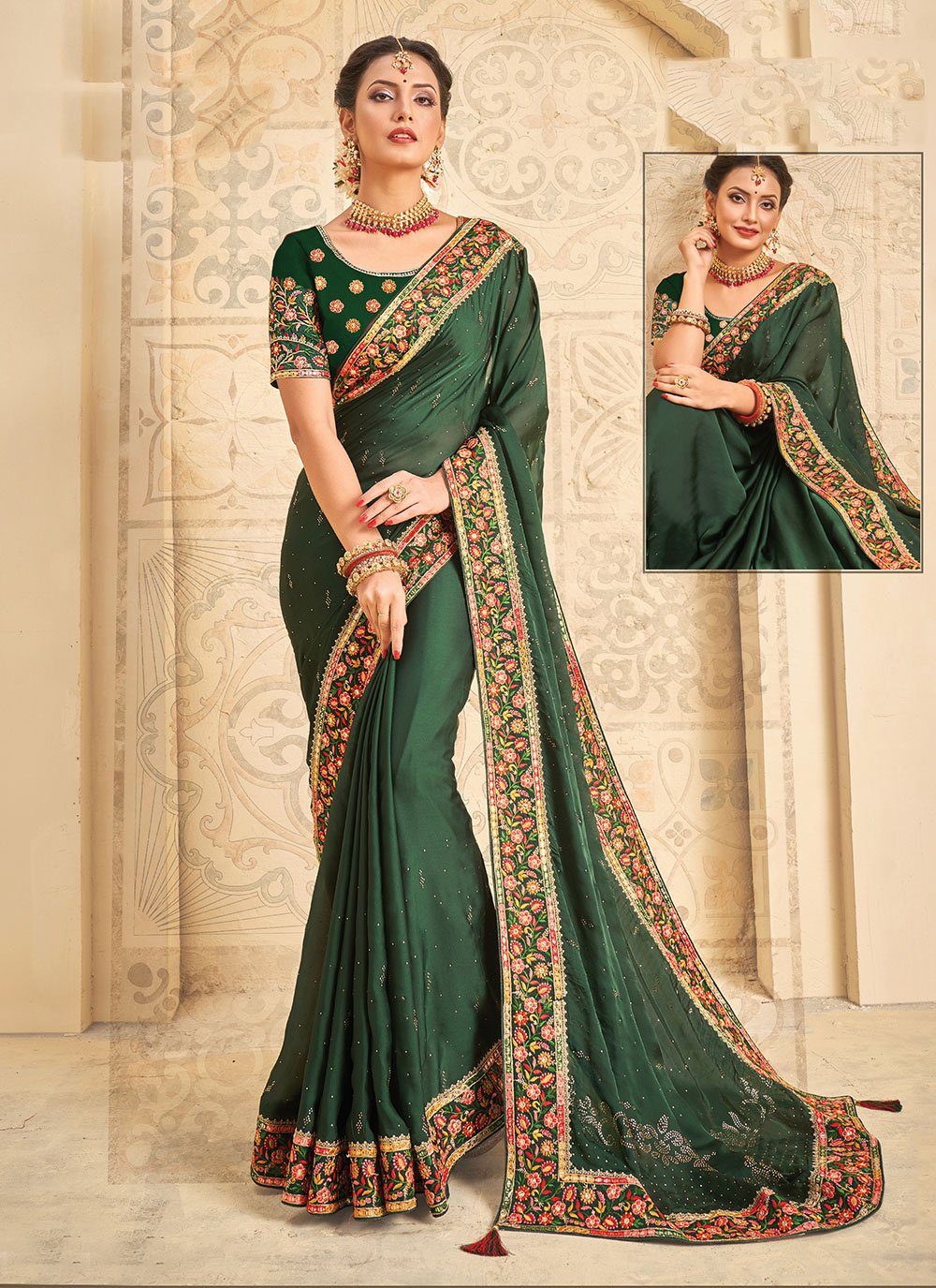 Buy Green Satin Silk Classic Sari with : 277837
