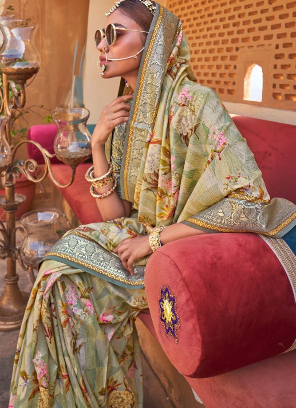 Green Silk Trendy Saree with Patch Border, Foil Print and Weaving Work ...