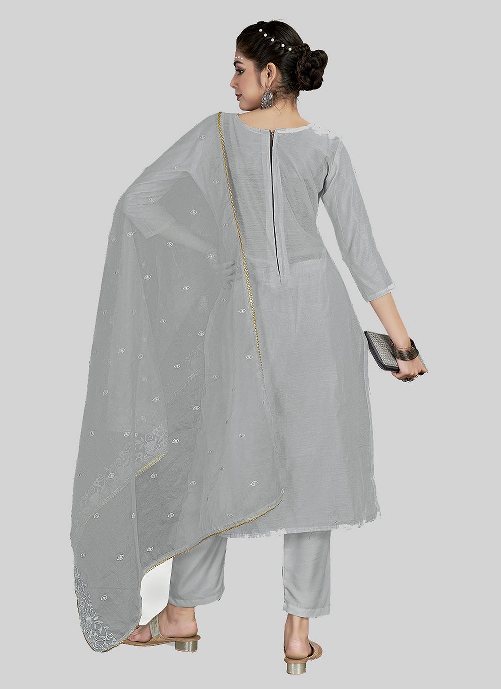 Shop Grey Chanderi Silk Embroidered Work Pant Style Suit Online : 287028