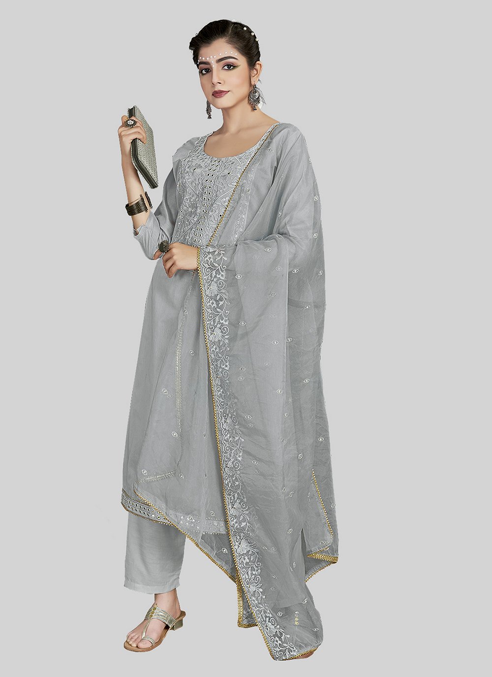 Shop Grey Chanderi Silk Embroidered Work Pant Style Suit Online : 287028