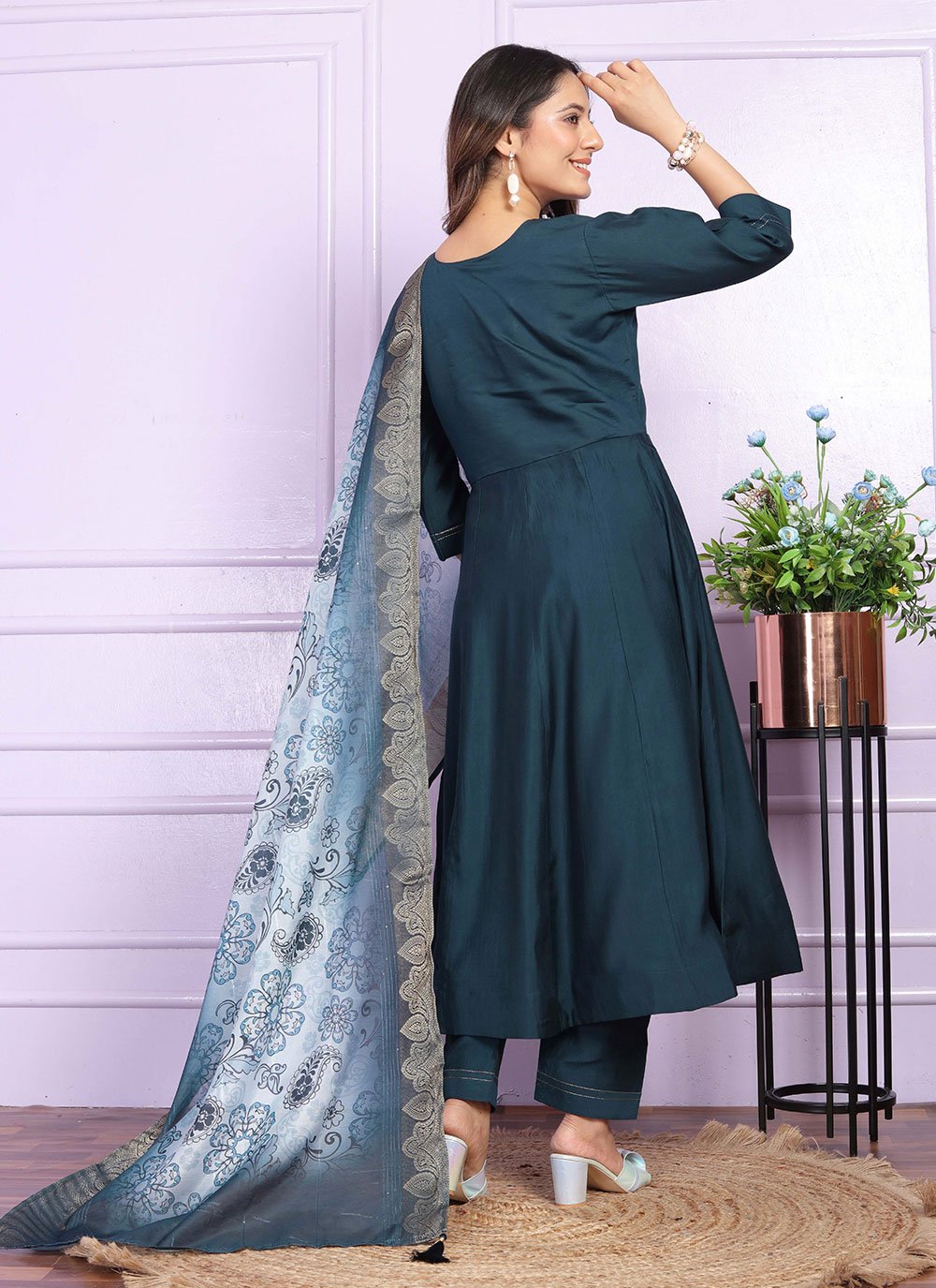 Hand Work Silk Readymade Salwar Suit In Teal for Ceremonial Buy Online