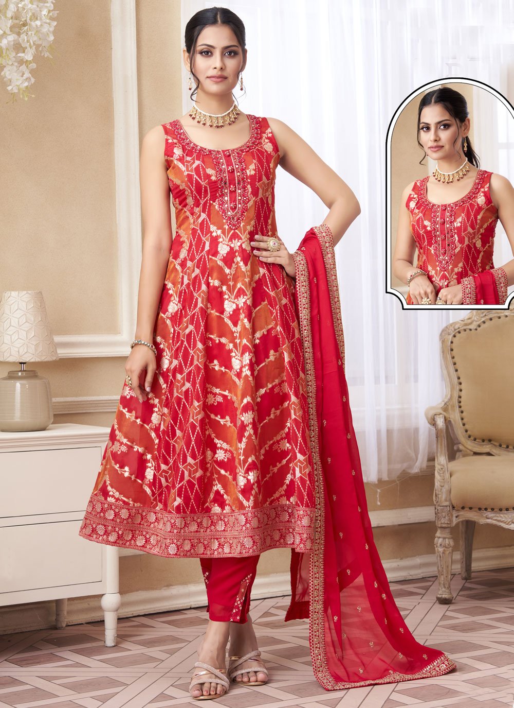 Shop Online Imperial Crimson Silk Anarkali Suit with Embroidered and ...