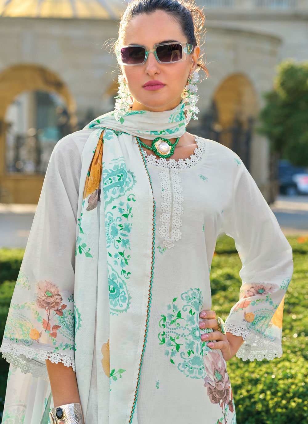 Shop Online Lace and Print Work Cotton Readymade Salwar Suit In White ...