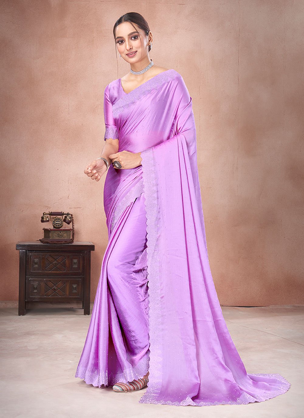Buy Lavender Chiffon Satin Classic Sari : 286470