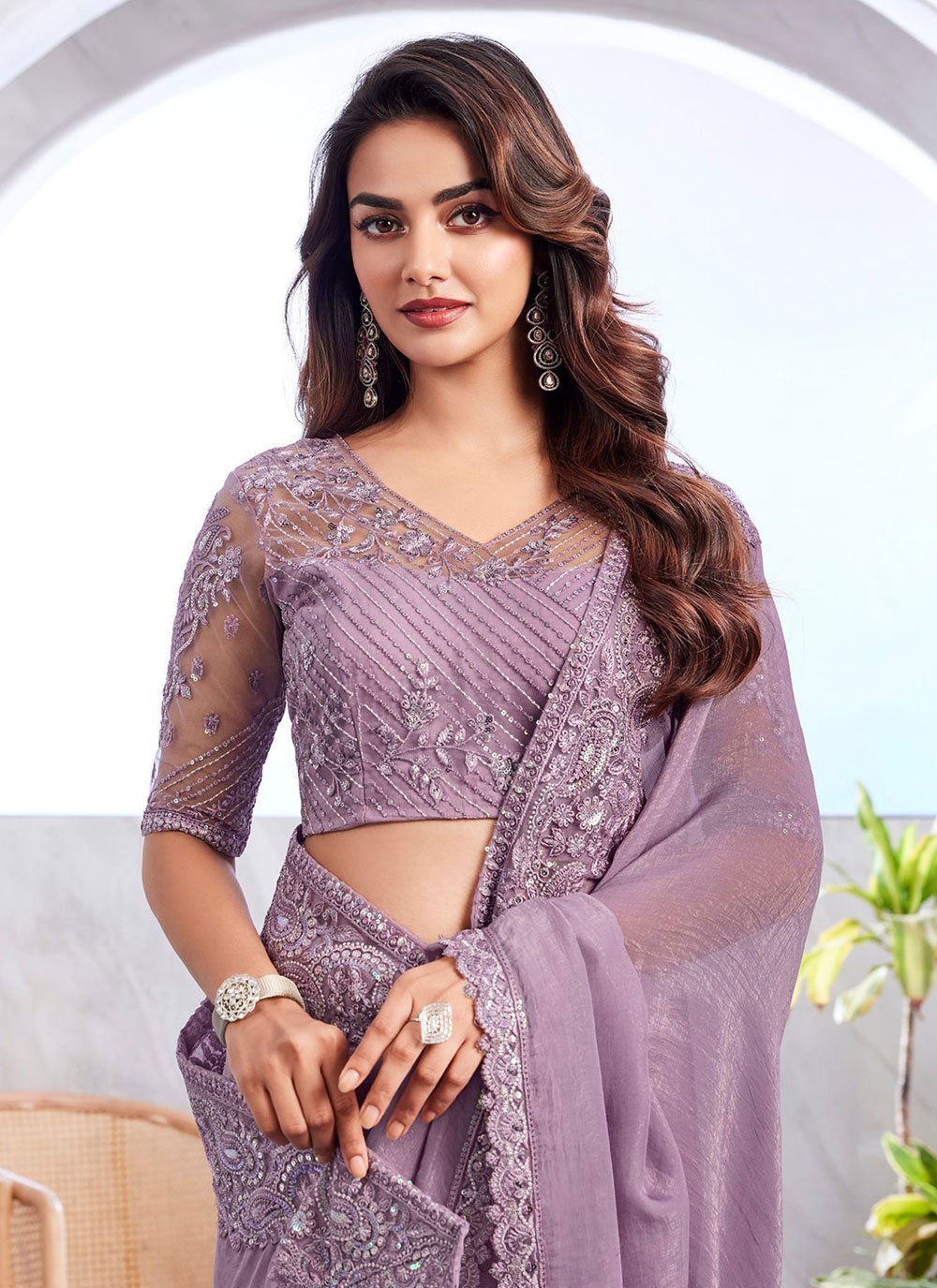 Lavender Silk Patch Border and Embroidered Work Contemporary Saree for ...