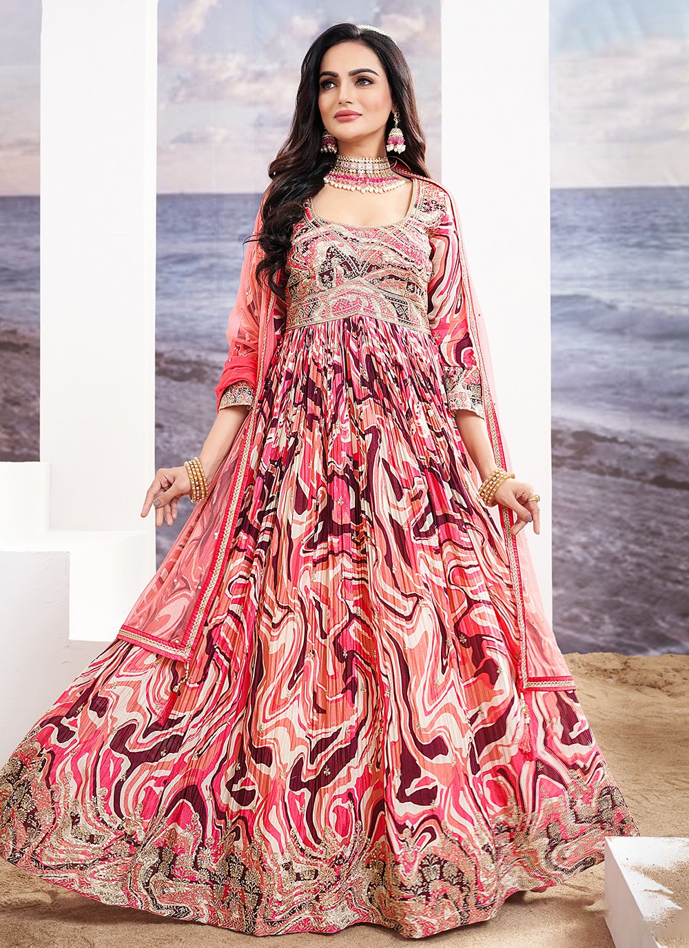 Buy Multi Colour Silk Designer Gown with Embroidered and Print Work for ...