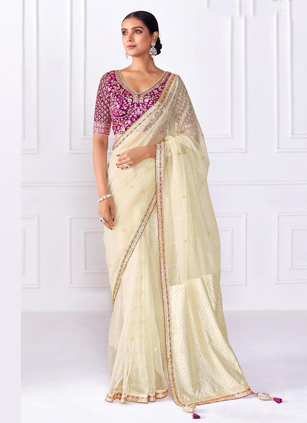 Off White Organza Contemporary Saree with Buy Online