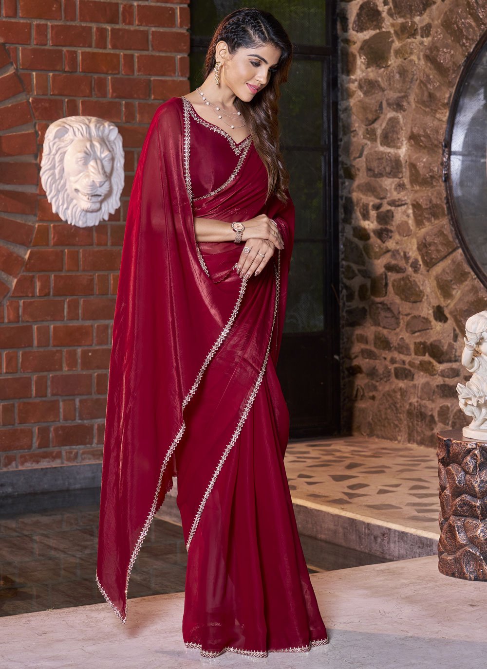 Buy Patch Border and Stone Work JIMMY CHU Contemporary Sari In Maroon ...