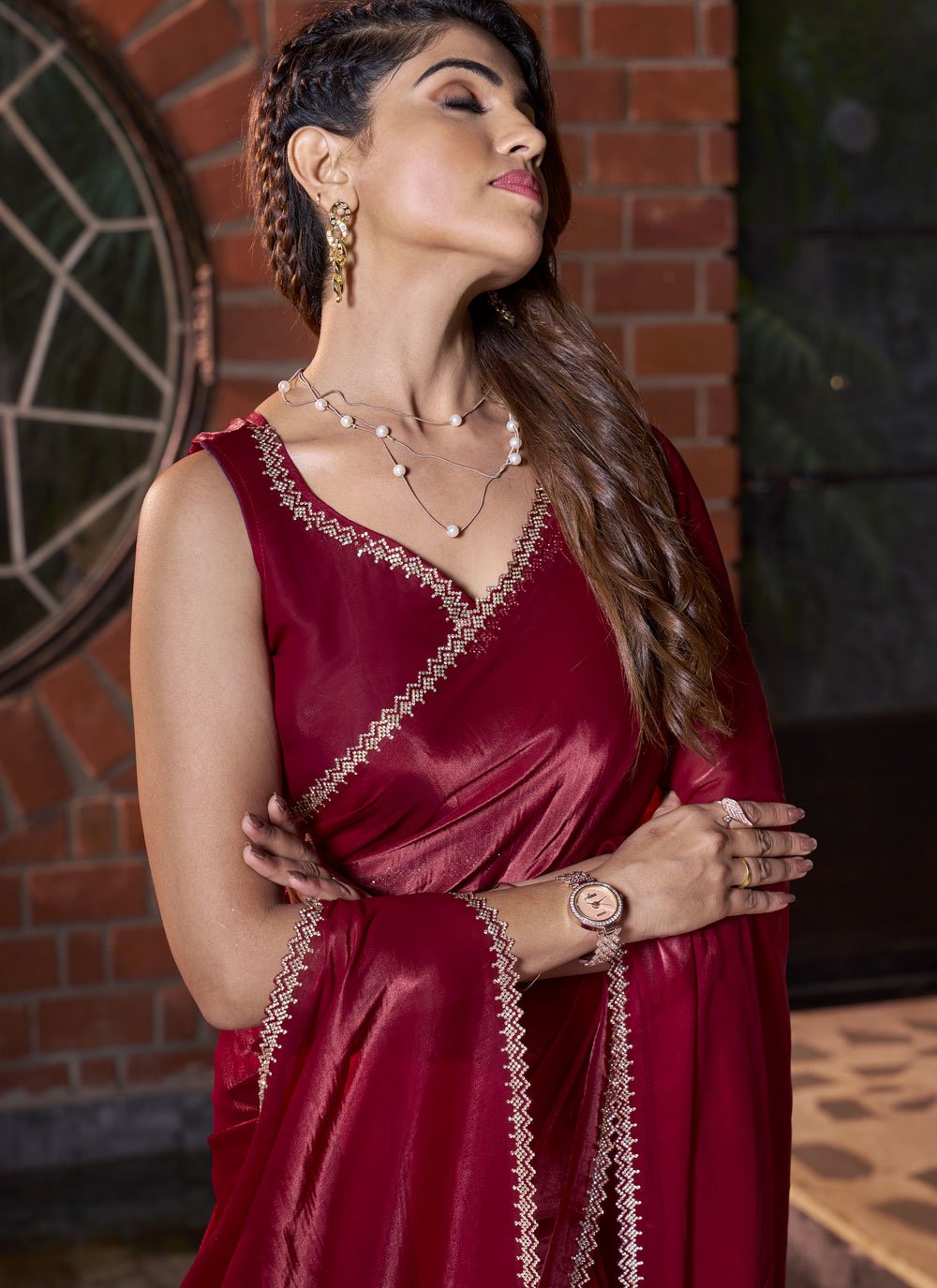 Buy Patch Border and Stone Work JIMMY CHU Contemporary Sari In Maroon ...