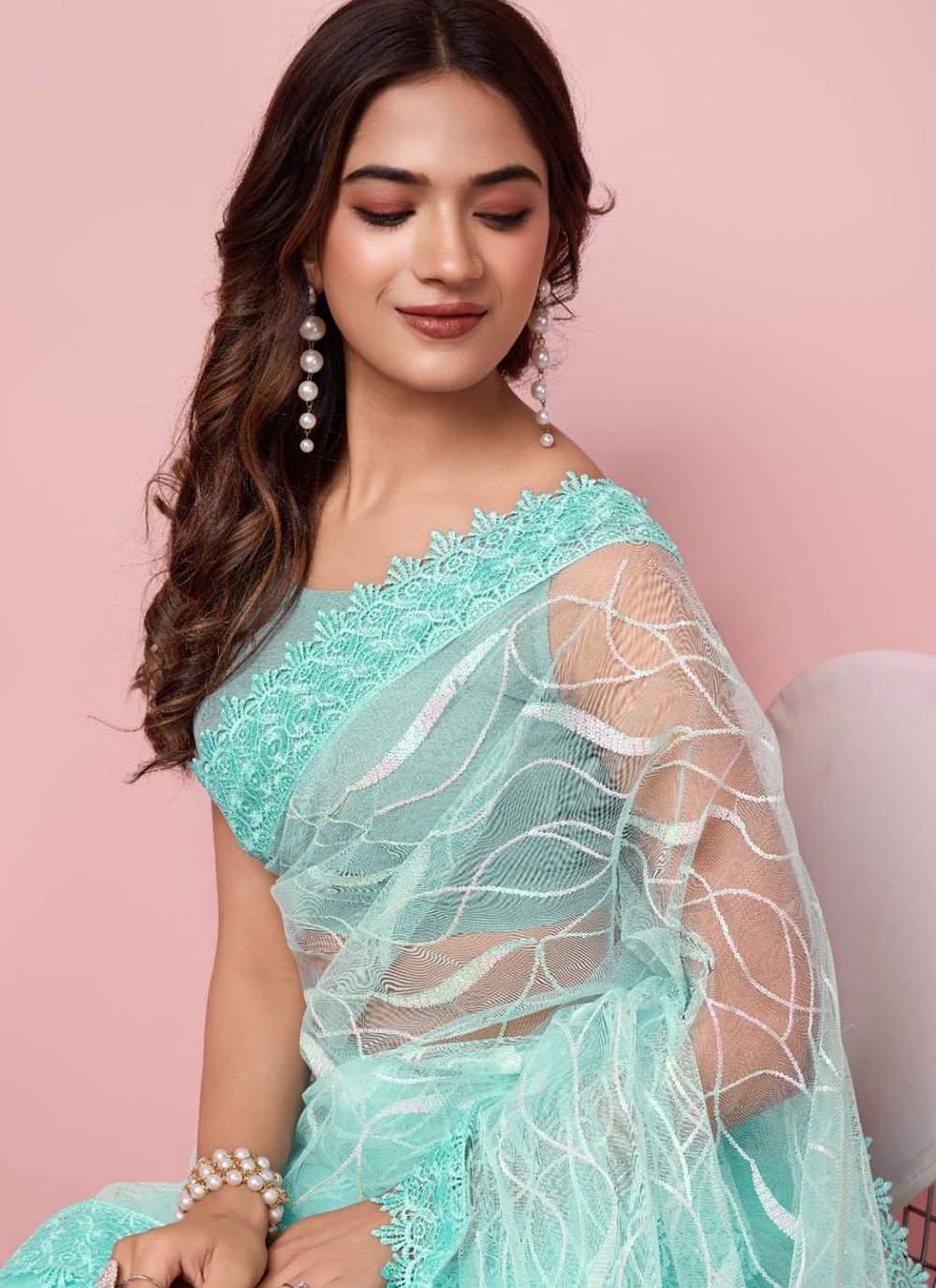Buy Patch Border and Thread Work Net Trendy Saree In Firozi Online ...