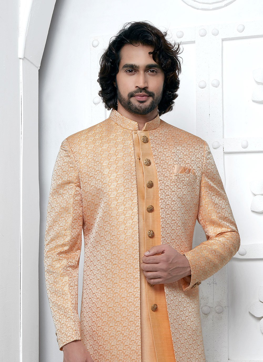 Buy Peach Fancy Work Jacquard Silk Indo Western Online : 279184