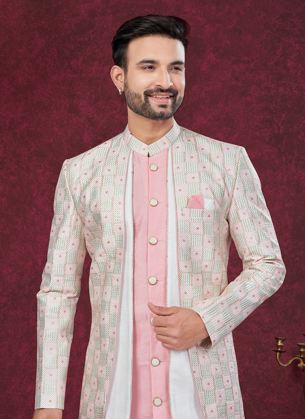 Buy Pink Banarasi Silk Machine Embroidery and Thread Work Sherwani Mens ...