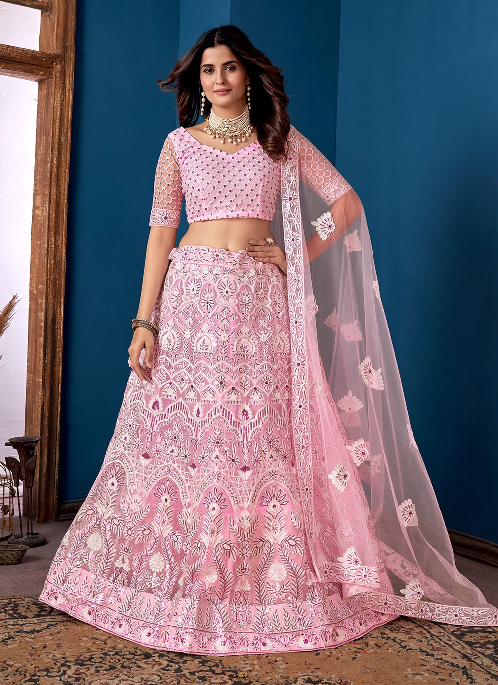 Shop Pink Net Lehenga Choli with Embroidered Work Online : 276880