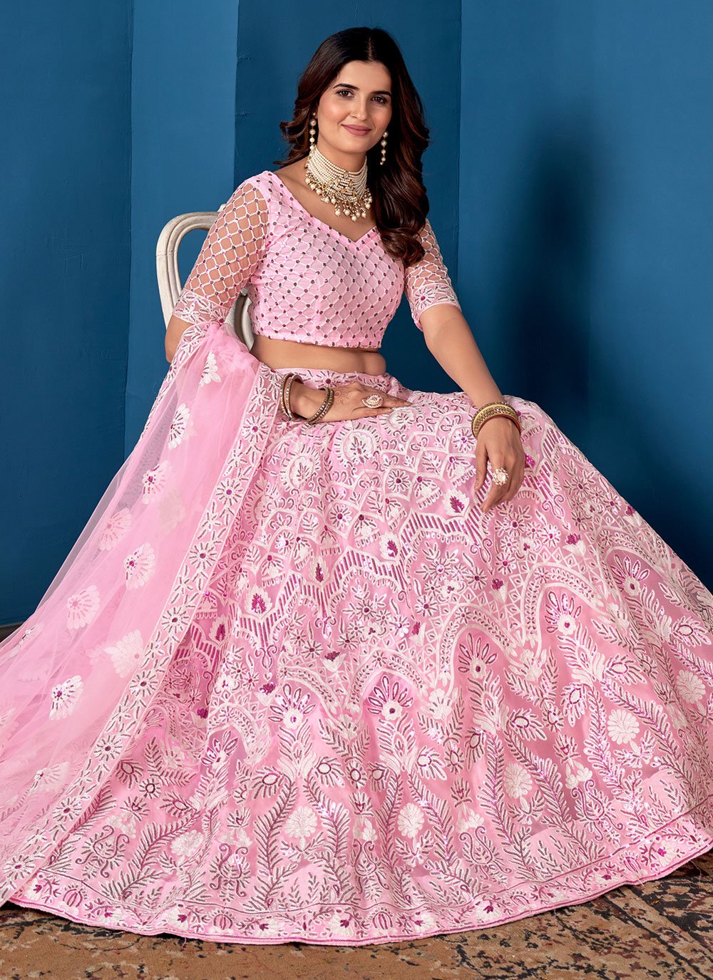 Shop Pink Net Lehenga Choli with Embroidered Work Online : 276880