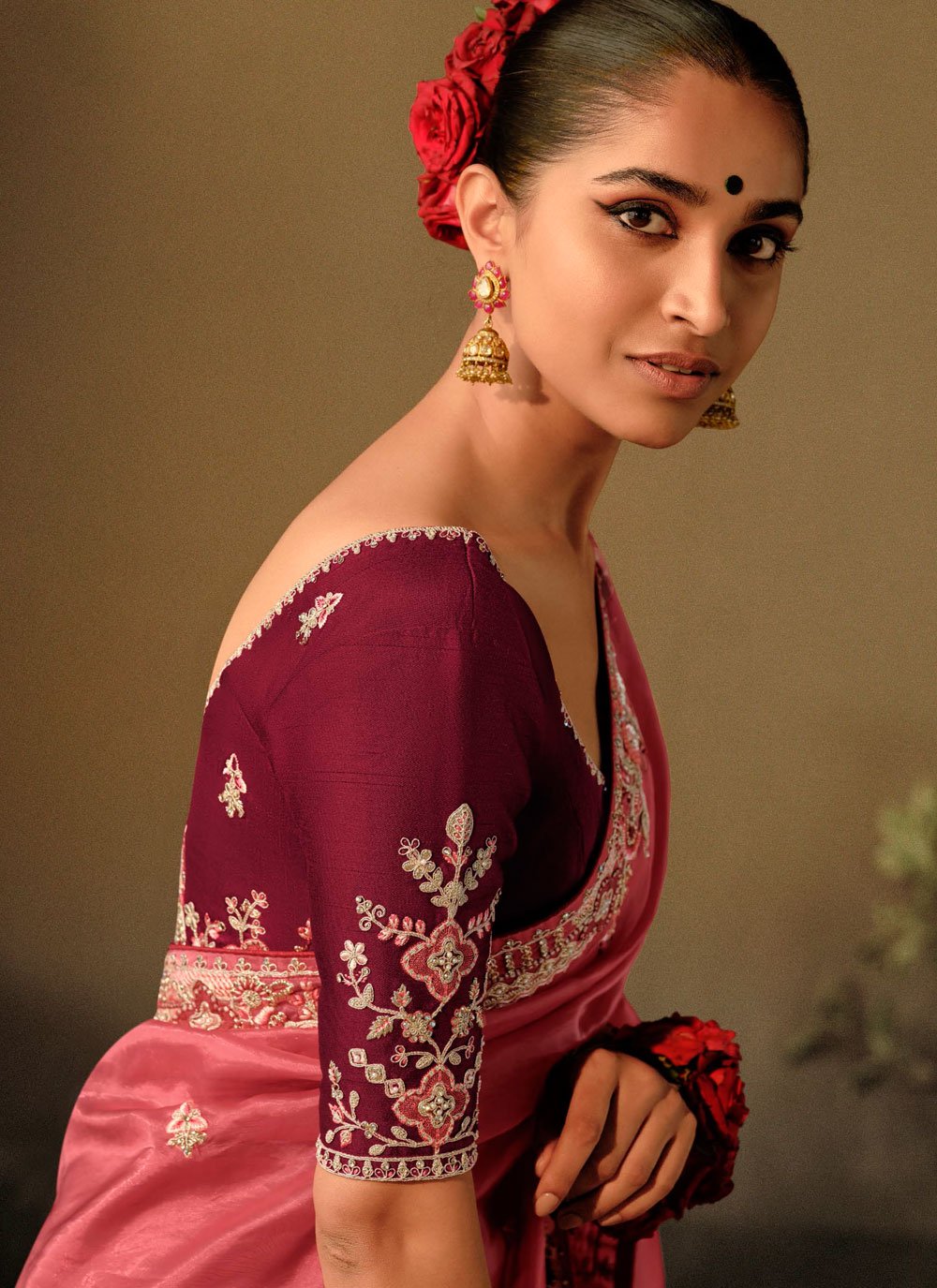 Pink Silk Contemporary Sari with Embroidered Work Buy Online