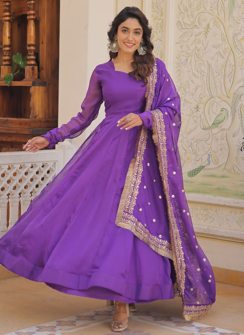 Buy Purple Silk Plain Work Gown for Ceremonial Online