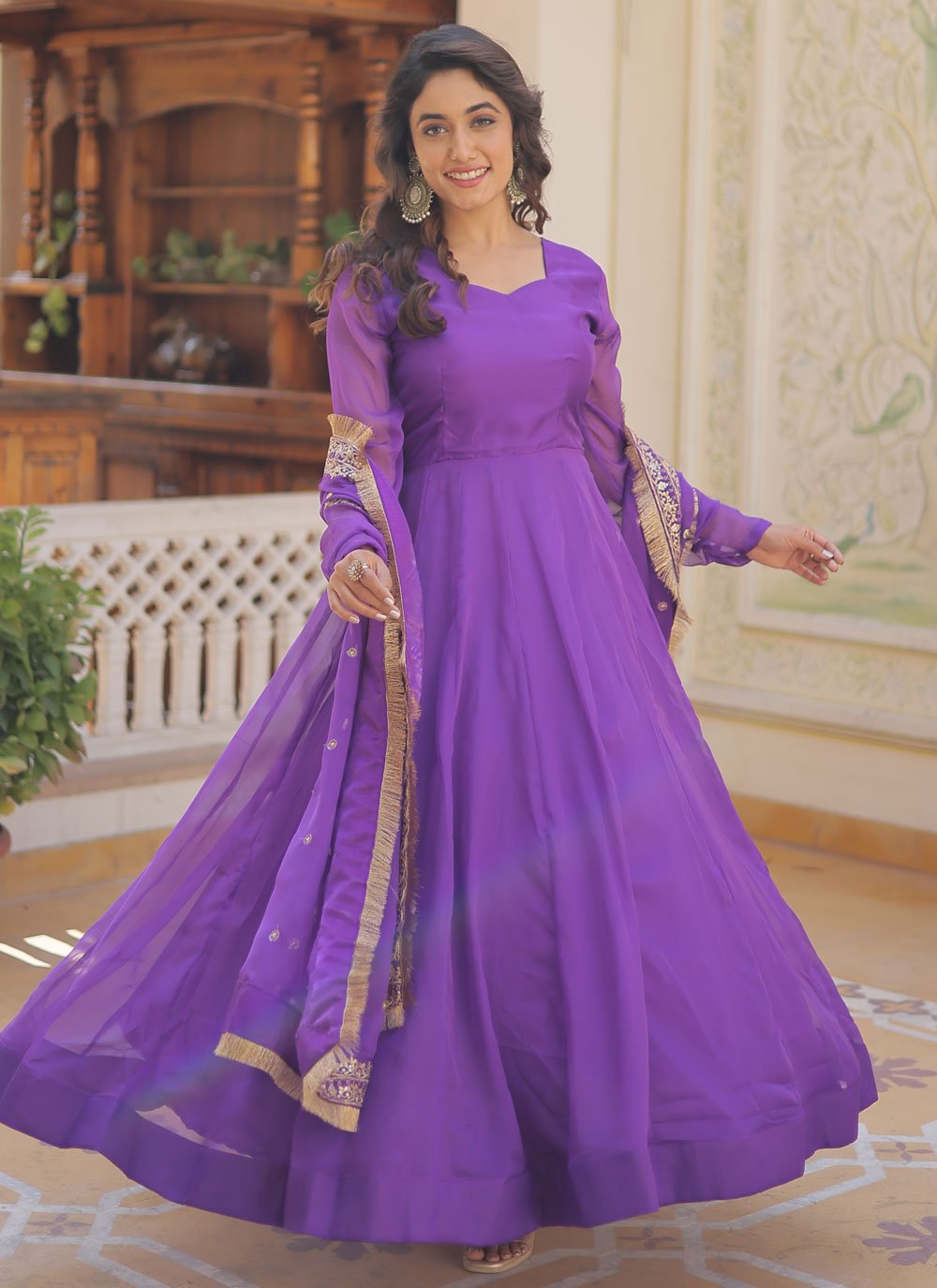 Buy Purple Silk Plain Work Gown for Ceremonial Online