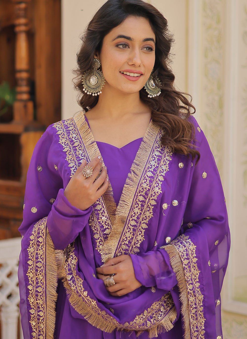 Buy Purple Silk Plain Work Gown for Ceremonial Online