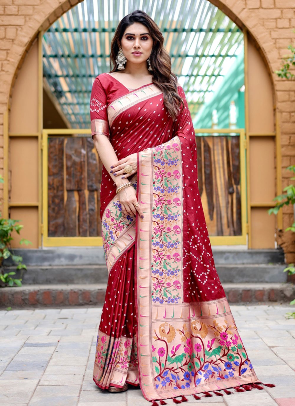 Buy Red Silk Classic Sari with Bandhej and Weaving Work Online