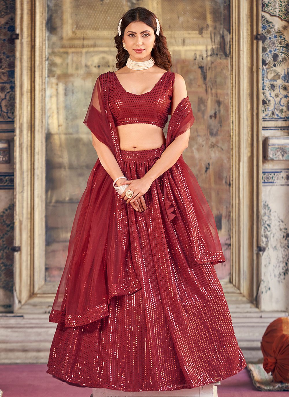 Rust Georgette Sequins and Thread Work Lehenga Choli for Ceremonial Buy ...