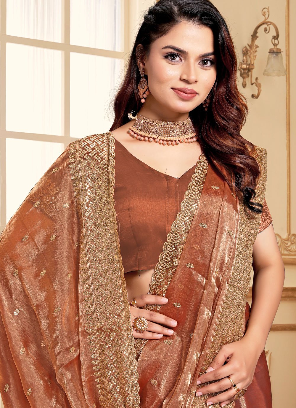 Shop Online Rust JIMMY CHU Traditional Saree with Embroidered, Sequins and Zari Work : 298523