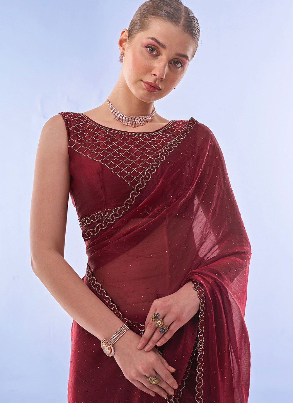 Shop Online Sonorous Maroon Silk Contemporary Sari with Patch Border ...