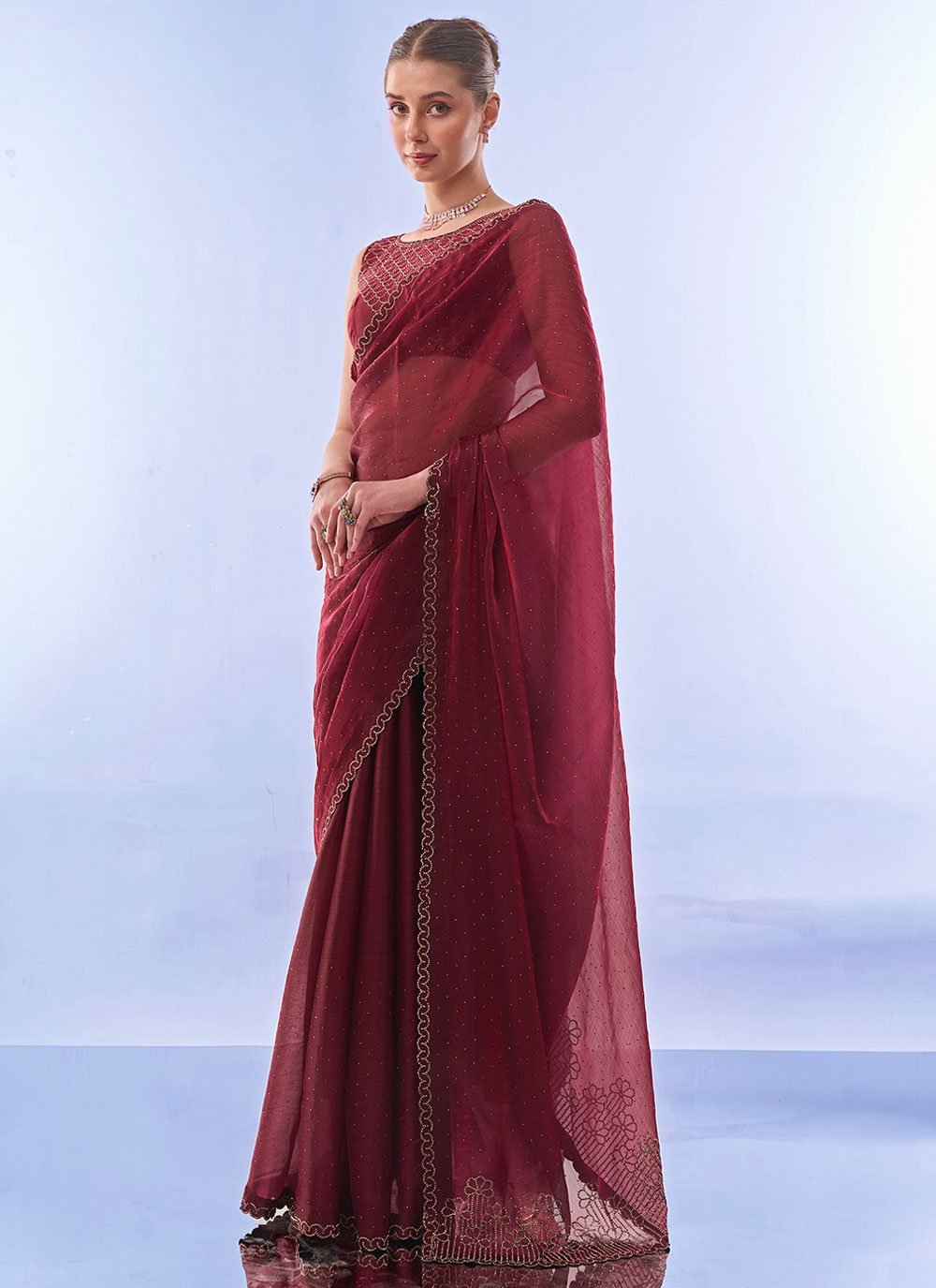 Shop Online Sonorous Maroon Silk Contemporary Sari with Patch Border ...