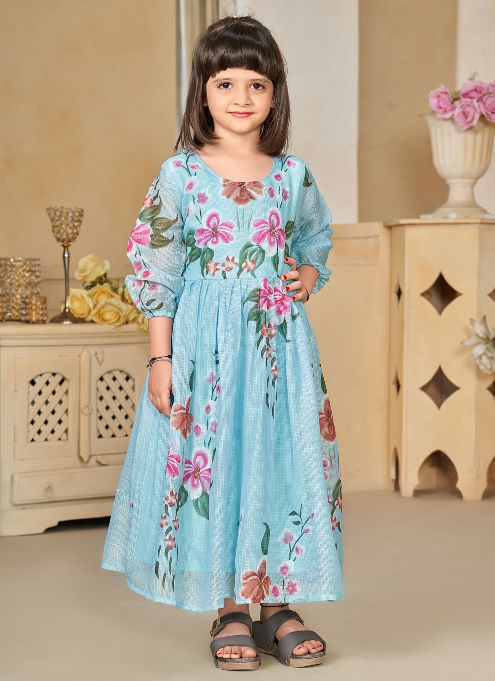 Buy Surpassing Blue Fancy Fabric Gown Kids Wear with Digital Print Work ...