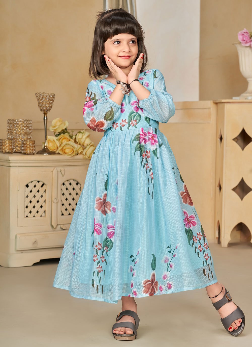 Buy Surpassing Blue Fancy Fabric Gown Kids Wear with Digital Print Work ...