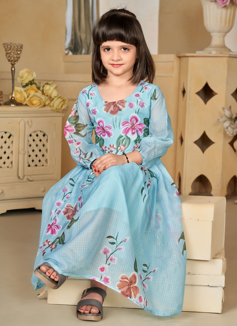 Buy Surpassing Blue Fancy Fabric Gown Kids Wear with Digital Print Work ...