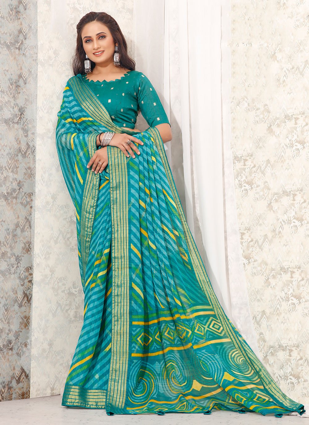 Buy Turquoise Chiffon Classic Sari with Print Work for Women : 291254