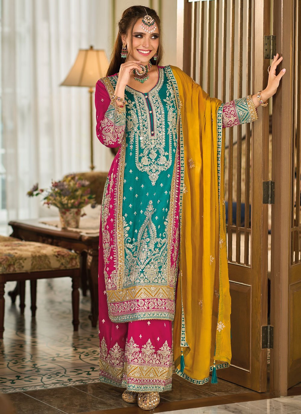 Buy Online Turquoise Silk Embroidered, Sequins and Thread Work Salwar ...