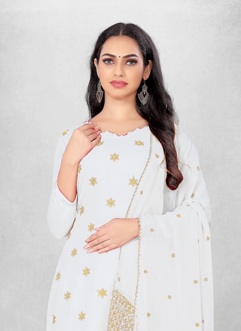 Buy White Georgette Embroidered and Zari Work Churidar Suit Online