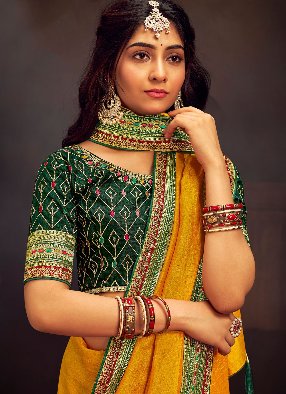 Shop Online Yellow Vichitra Silk Trendy Saree with Patch Border and ...