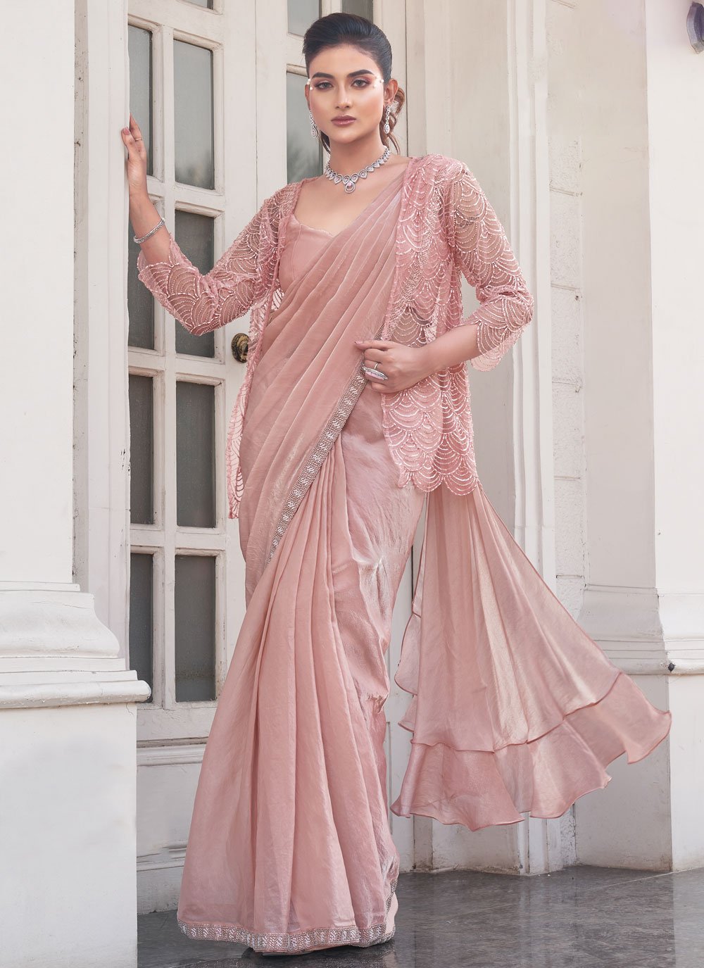 Buy Online Beads, Patch Border and Moti Work Satin Silk Trendy Saree In ...