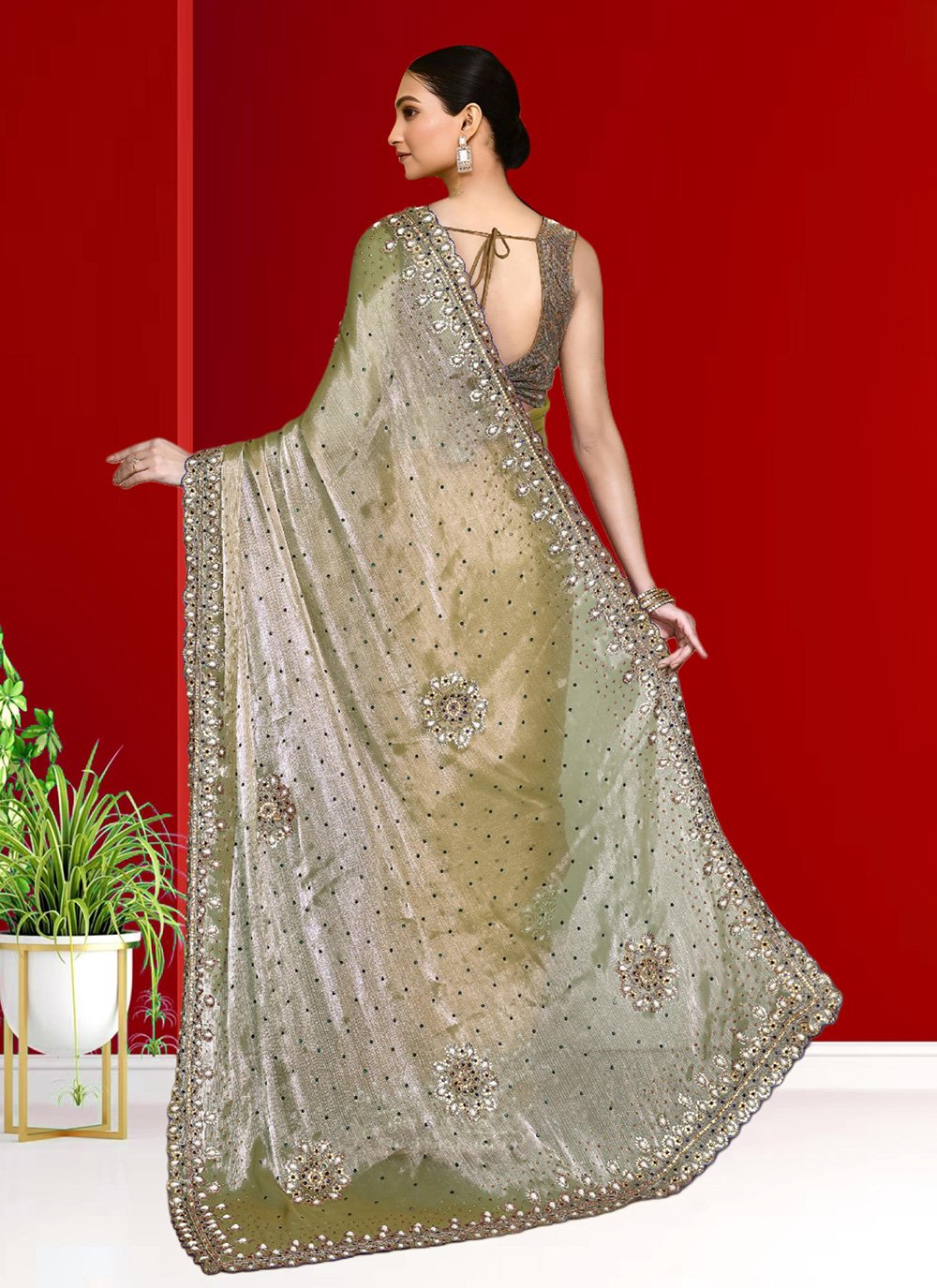 Shop Beige JIMMY CHU Hand Work Contemporary Saree Online : 309815