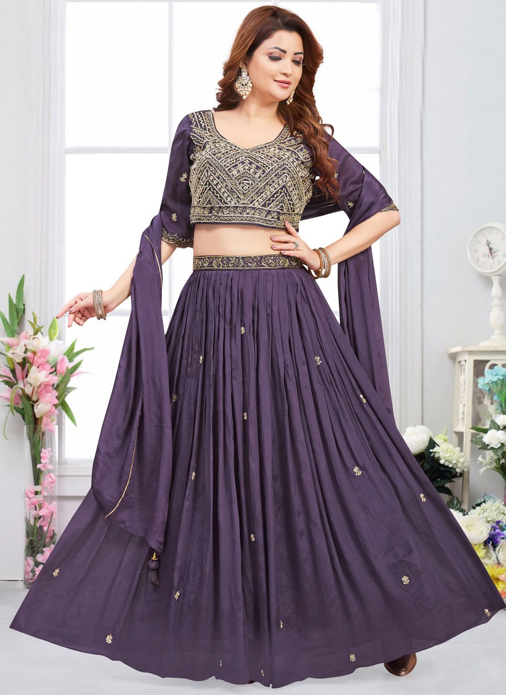 Buy Booti Work Silk Readymade Lehenga Choli In Purple for Engagement ...
