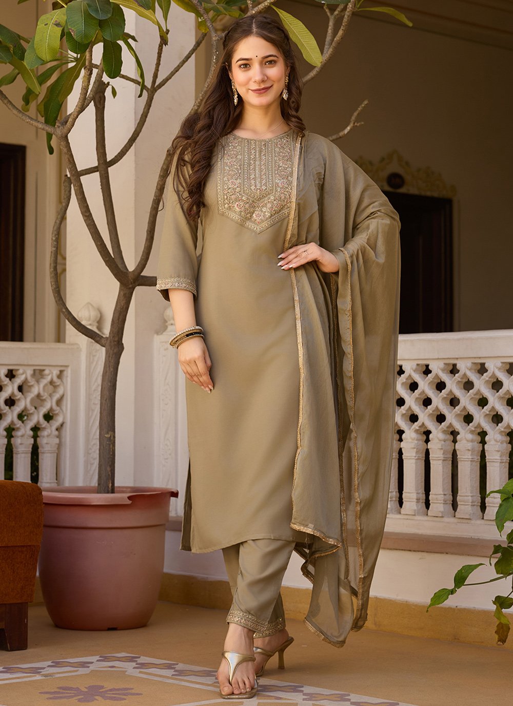 Shop Online Brown Rayon Pant Style Suit with Embroidered Work : 313991