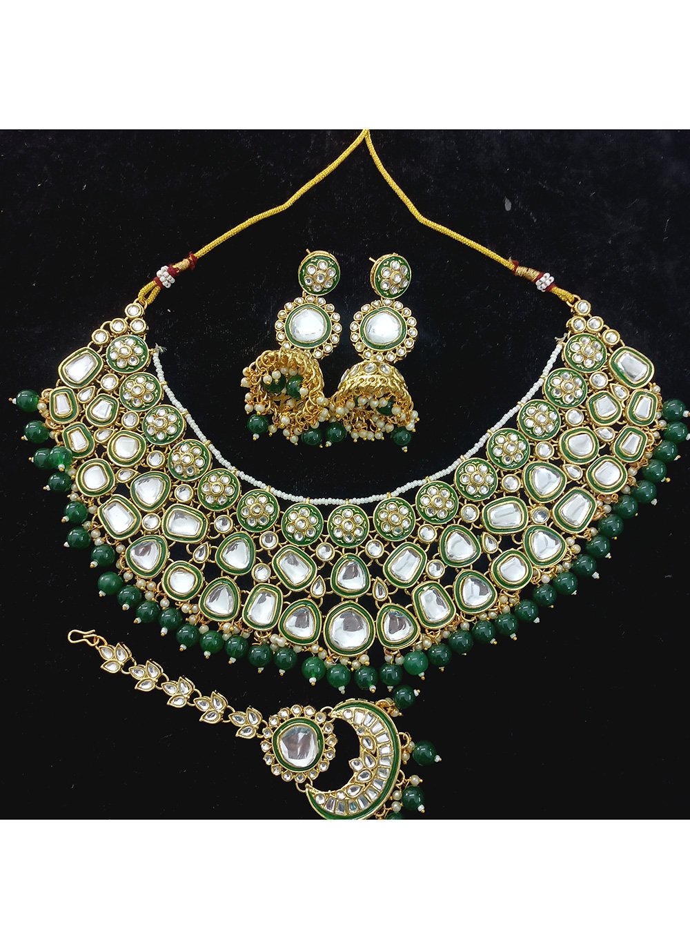 Shop Classy Green Moti and Stone Work Jewellery Set Online : 309185