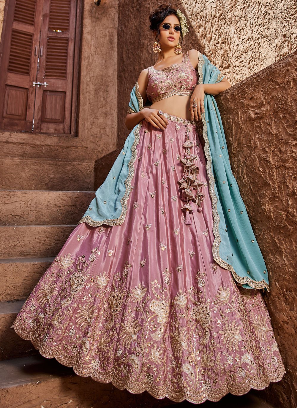Shop Demure Pink Satin Lehenga Choli Online : 310386