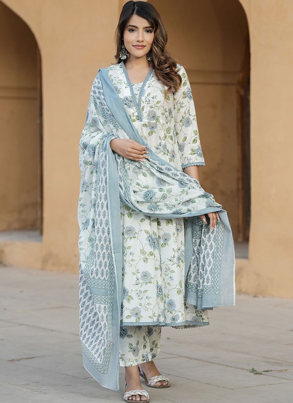 Floral Patch Work Cotton Anarkali Suit In Off White for Ceremonial Buy Online