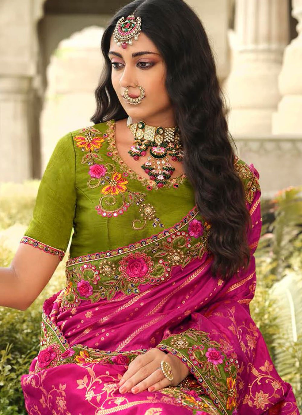 Buy Green and Rani Silk Traditional Saree with Cut, Embroidered ...