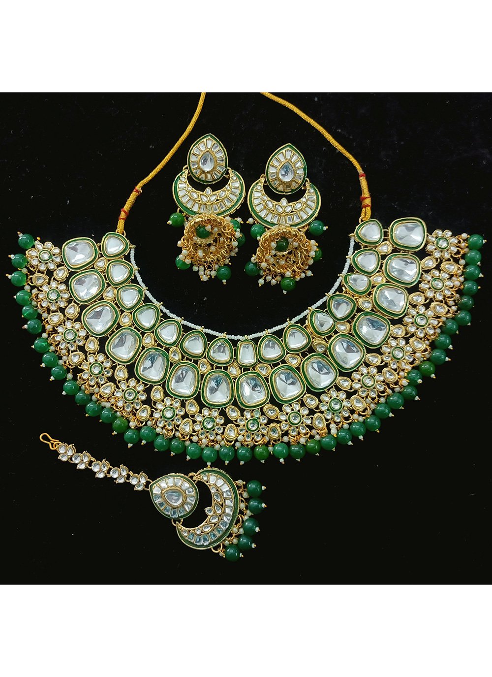 Shop Green Moti and Stone Work Jewellery Set Online : 309192